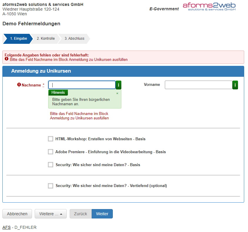 Pflichtfelder, Hilfetexte und Fehlermeldungen - aforms
