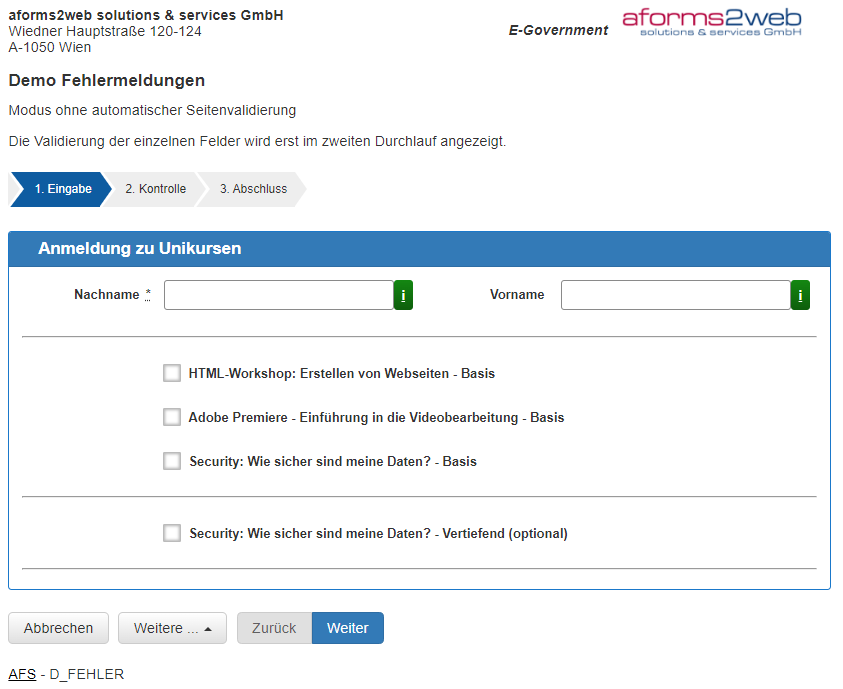 Pflichtfelder, Hilfetexte und Fehlermeldungen - aforms