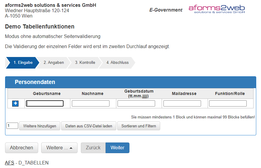 Tabellenfunktionen - aforms